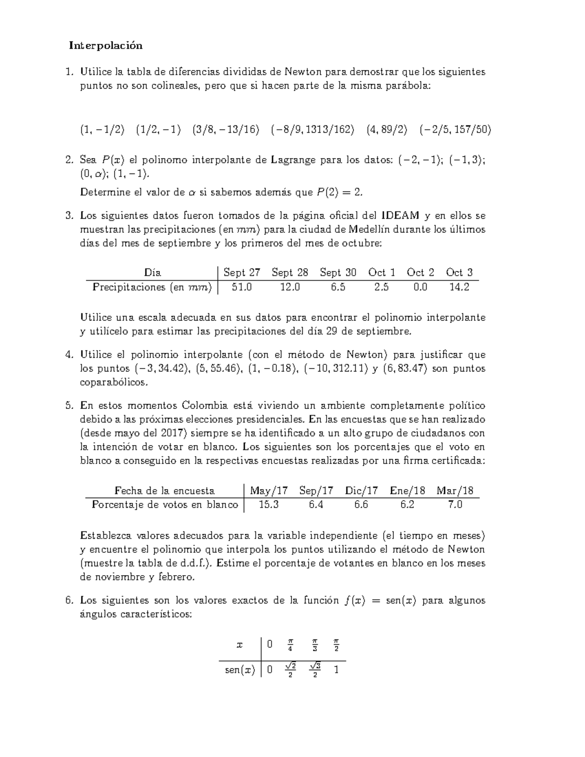 Ejercicios Propuestos 07 - Interpolaci ́on Utilice la tabla de ...