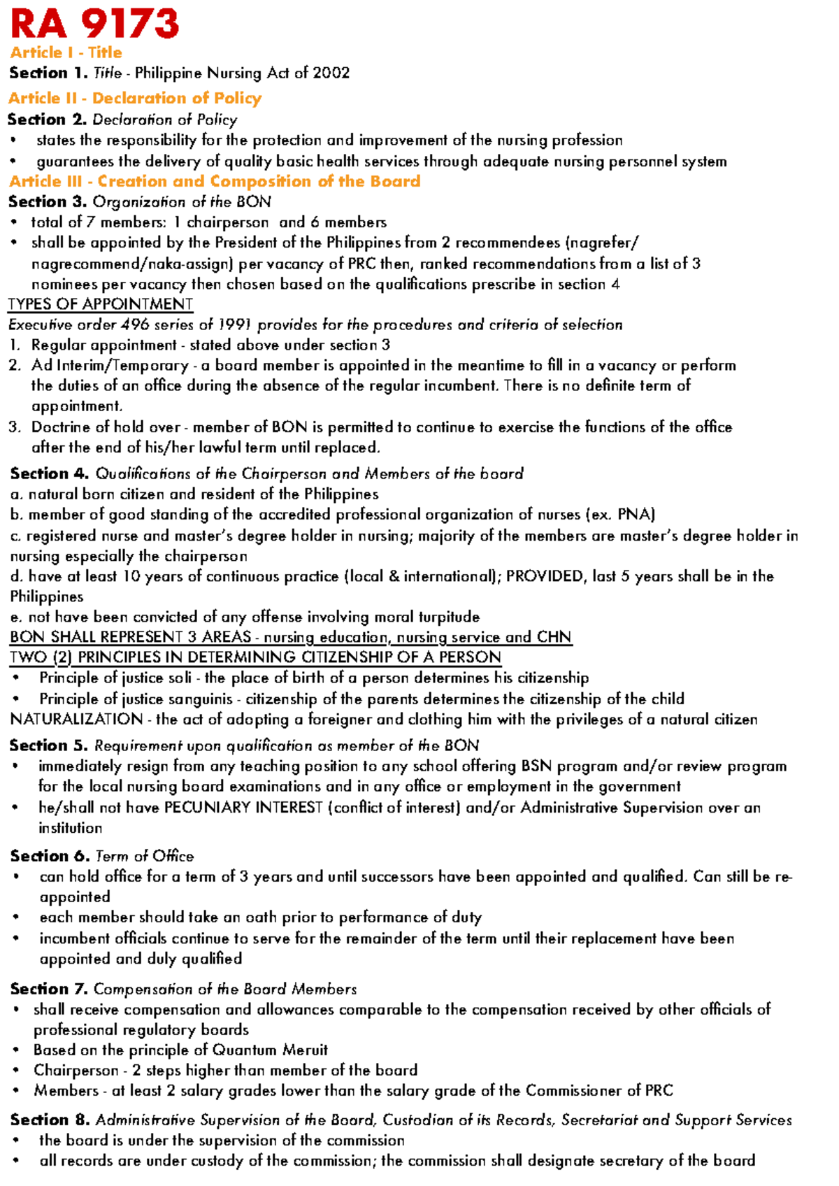 RA 9173 - Comprehensive Summary Complete - RA 9173 Section 1. Title ...