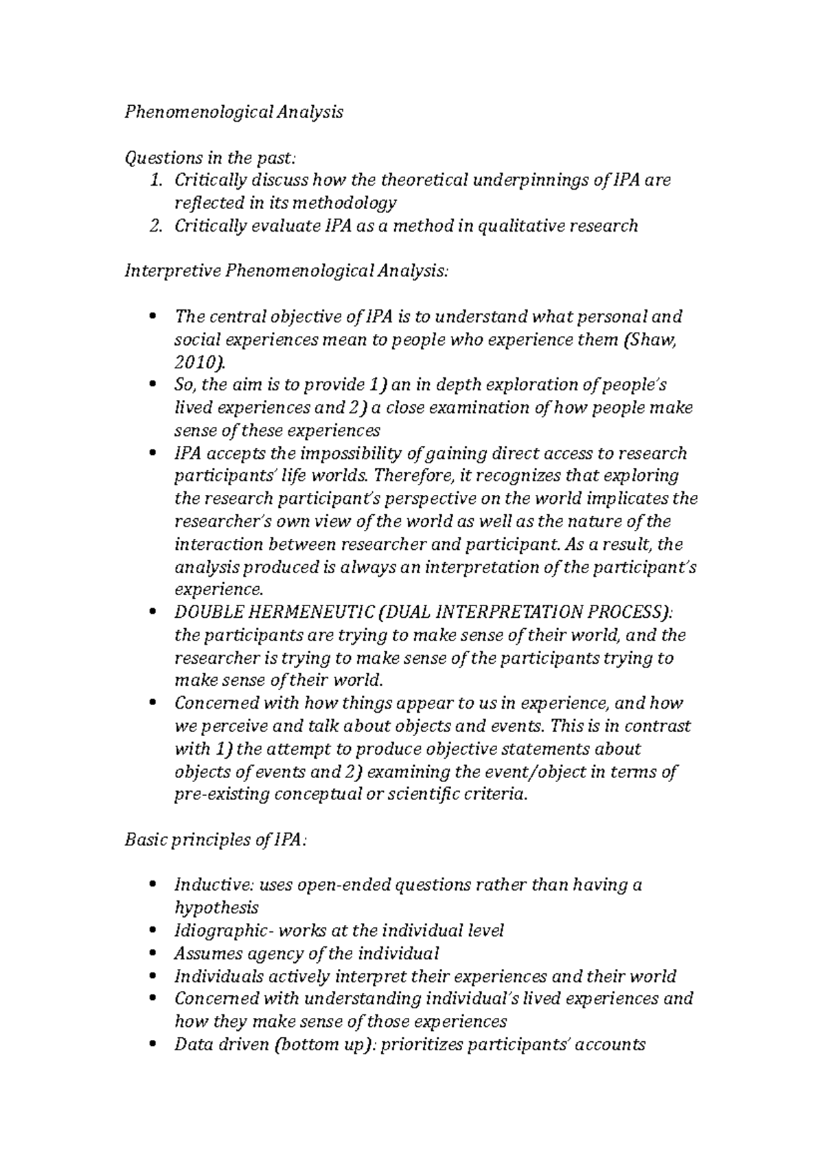 Interpretative phenomenological analysis - Phenomenological Analysis ...
