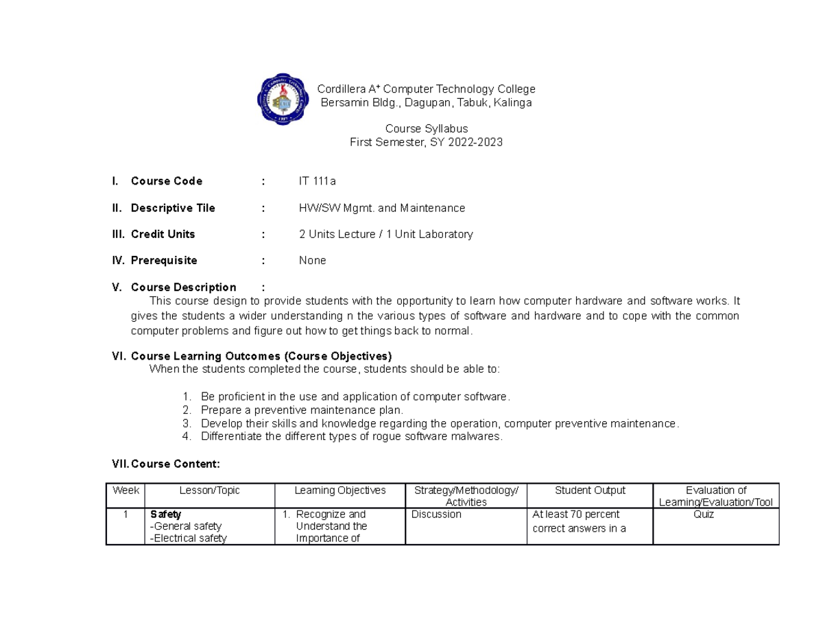 HW and SW Mangement - Course Syllabus - Cordillera A+ Computer ...