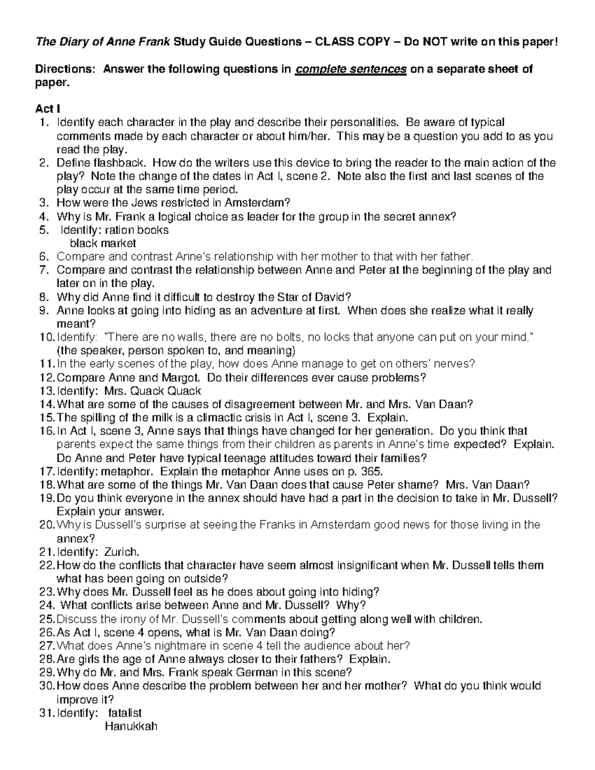 The Diary of Anne Frank Study Questions - The Diary of Anne Frank Study ...