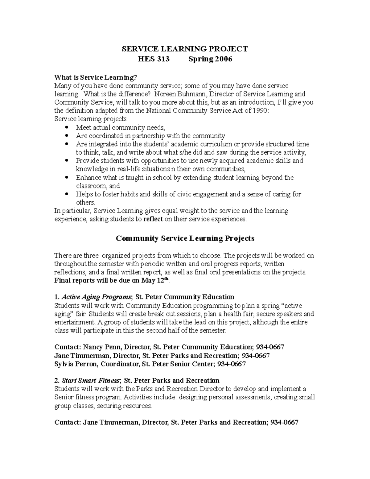 Service Learning Projec 1 - SERVICE LEARNING PROJECT HES 313 Spring ...