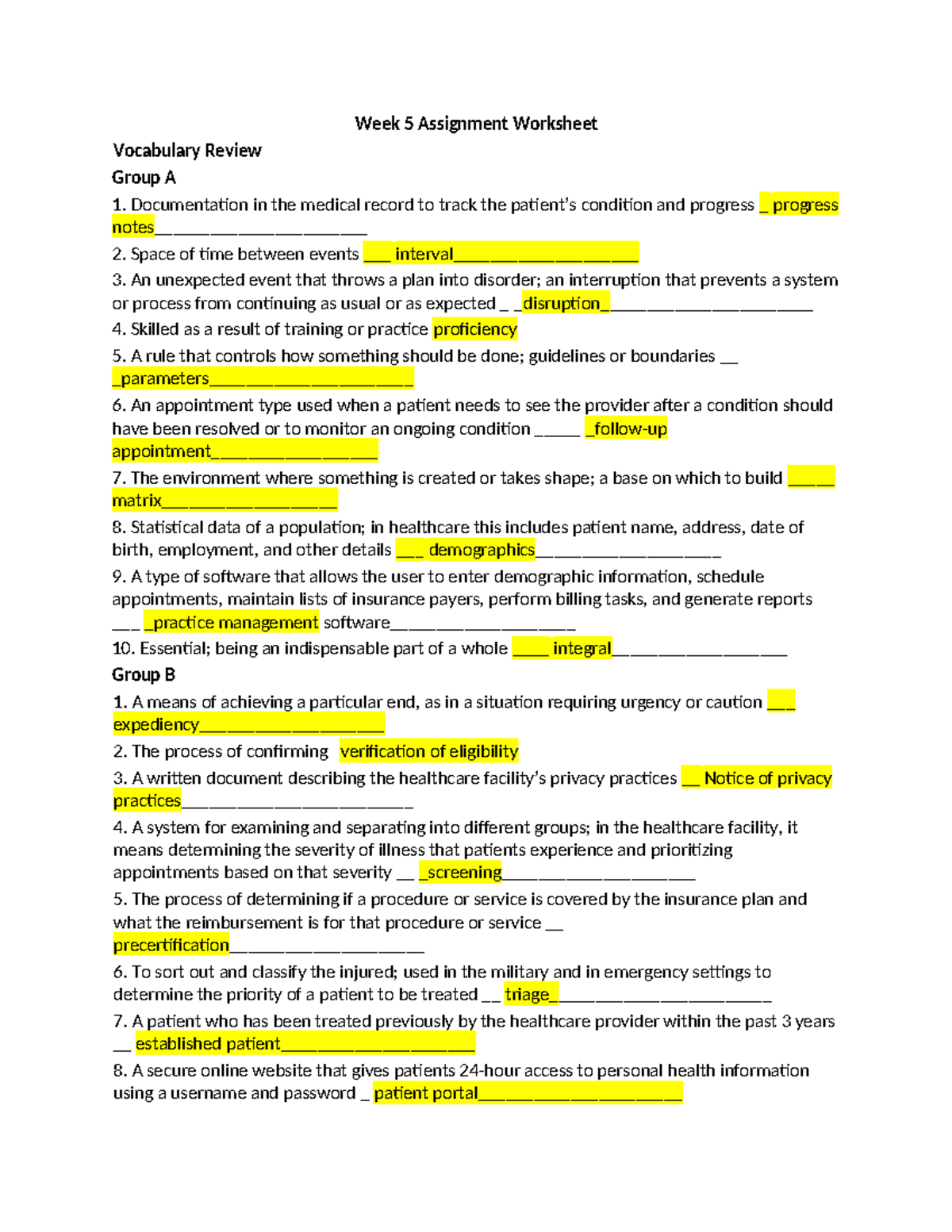 Week 5 Assignment Worksheet done - Week 5 Assignment Worksheet Vocabulary Review Group A - Studocu