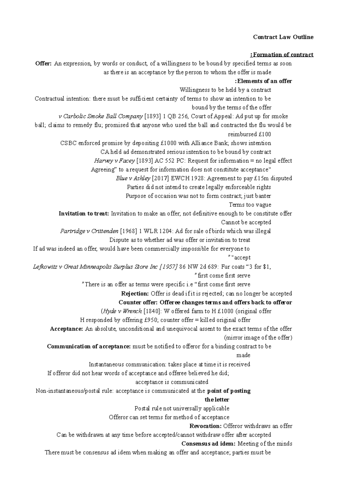 Contract Outline - Contract Law Outline :Formation of contract Offer ...