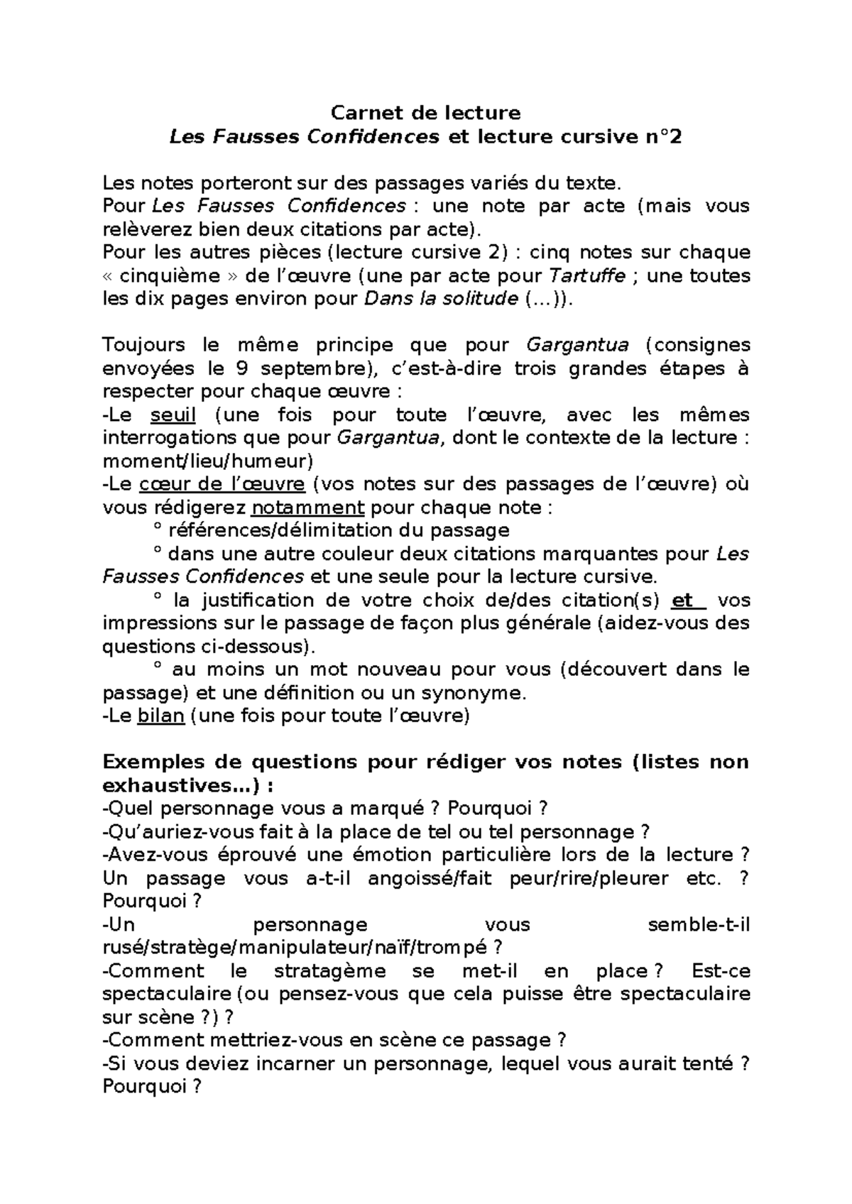 Carnet Fausses confidences, lecture cursive 2-Consigne - Carnet de lecture Les Fausses ...