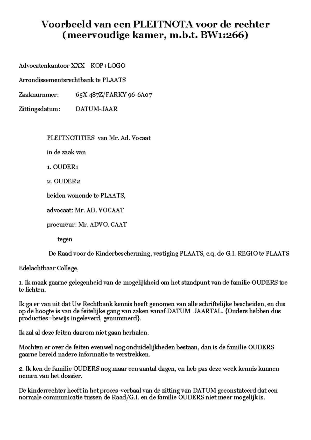 Voorbeeld van een Pleitnota voor de rechter - Voorbeeld van een ...