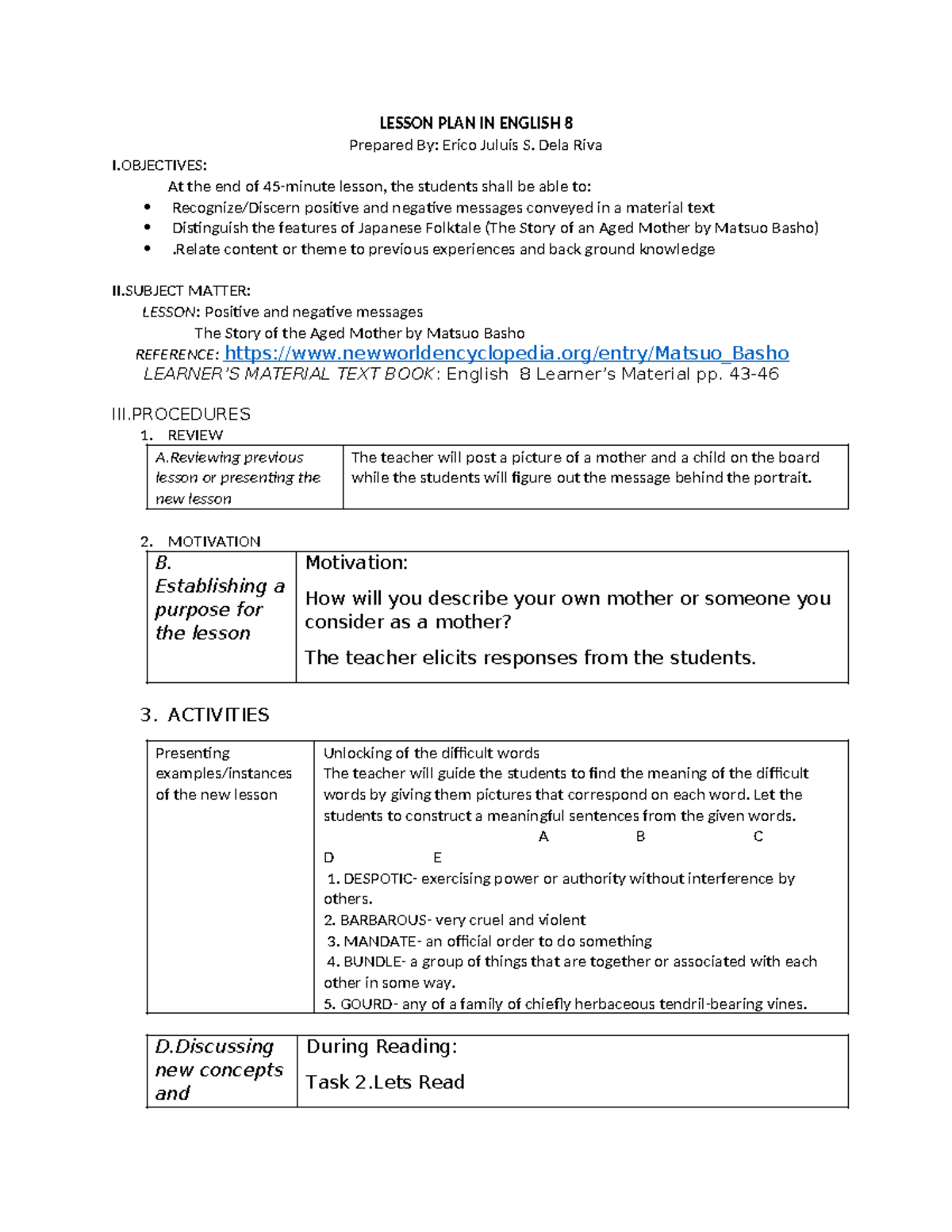EJAY Lesson PLAN - For educational - LESSON PLAN IN ENGLISH 8 Prepared ...