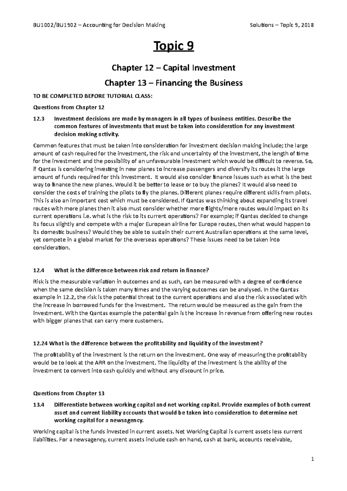 BU1002 Topic 09 Tutorial Solutions 2018 - BU1002/BU1902 – Accounting ...