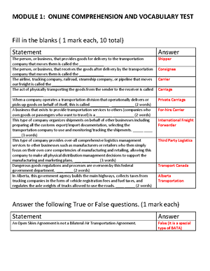 Module 2 Self Test on Comprehension and Vocabulary Answers highlighted ...