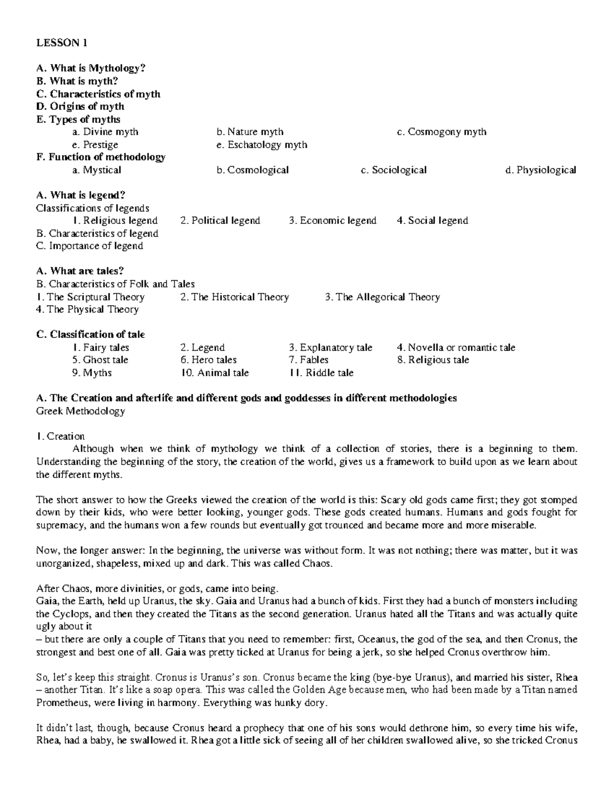 Lesson-1- Report - Greek Mythology The Beginnings - LESSON 1 A. What is ...