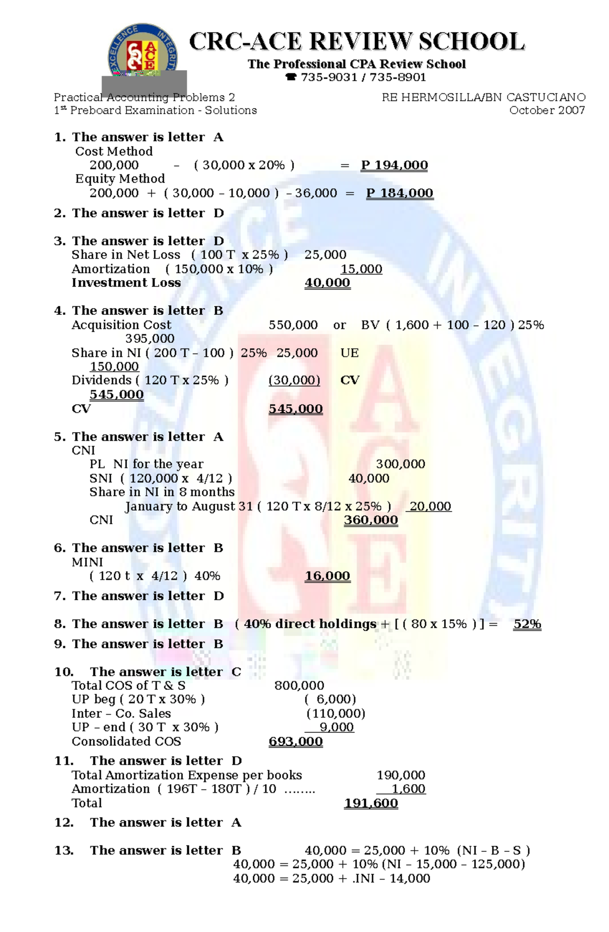 Practical Accounting 2 - Solution - Practical Accounting Problems 2 RE HERMOSILLA/BN CASTUCIANO ...