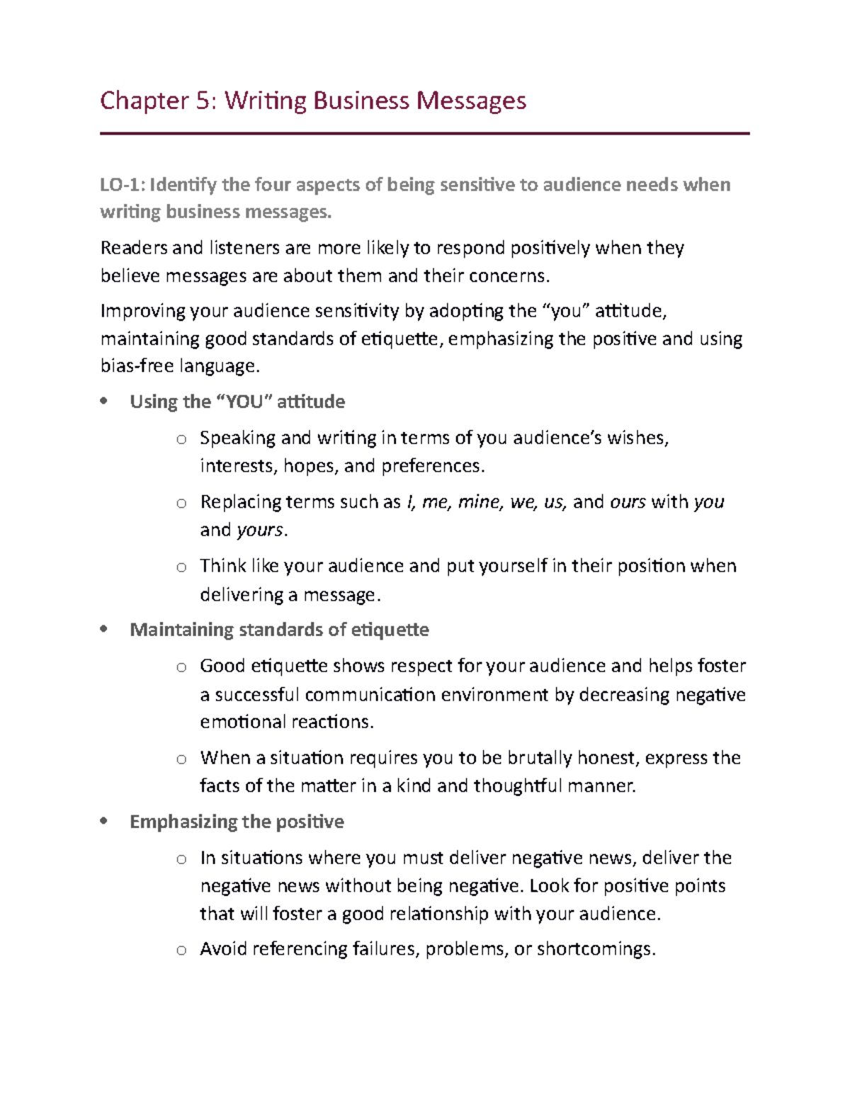 Chapter 5 notes - Chapter 5: Writing Business Messages LO-1: Identify ...
