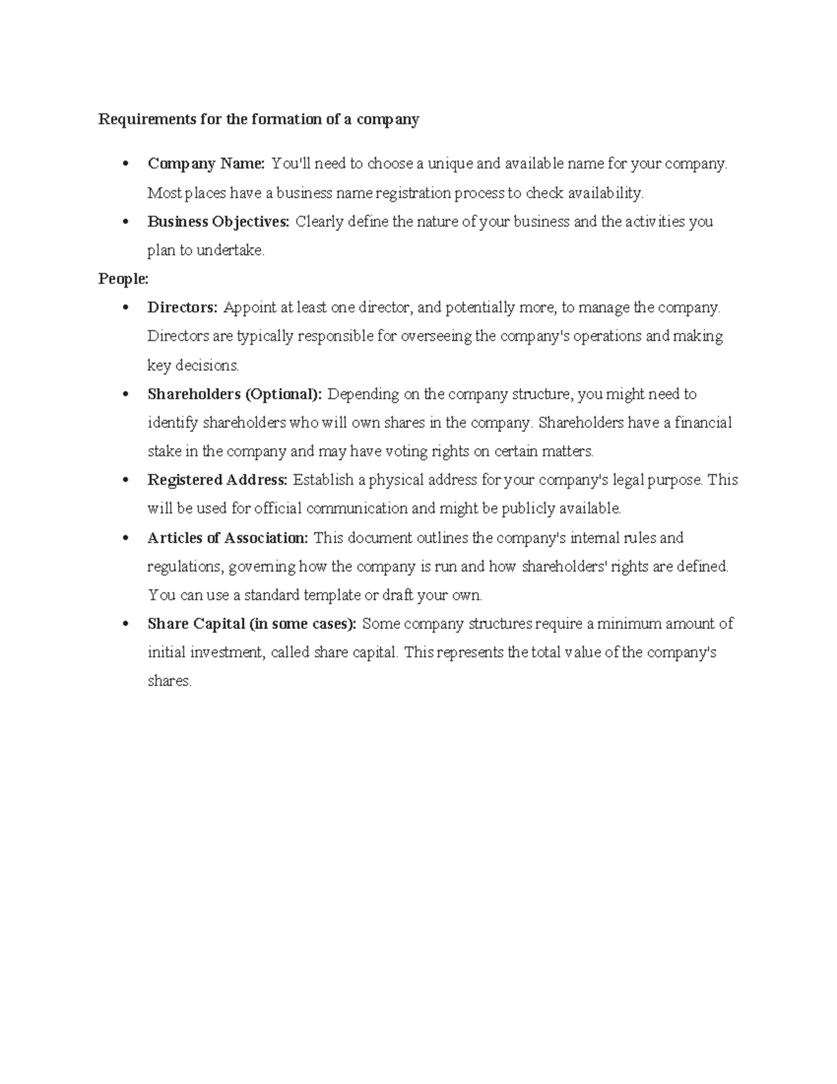 Requirements for the formation of a company - Most places have a ...