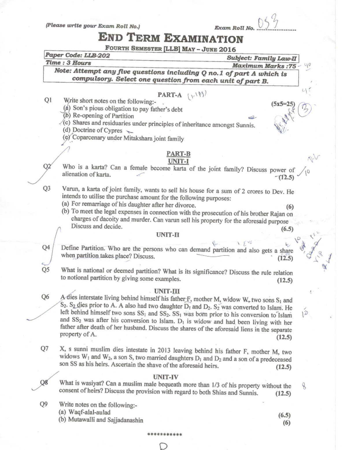 Family 4th sem qns paper - (Please write your Exam Roll No.) 053 Exam Roll No. END TERM ...