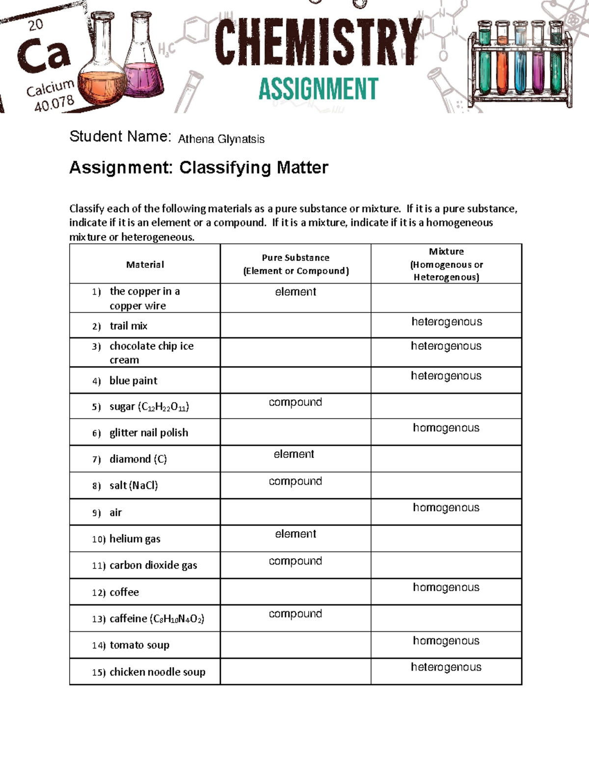 Classifying Matter - Student Name: Assignment: Classifying Matter Classify each of the following ...