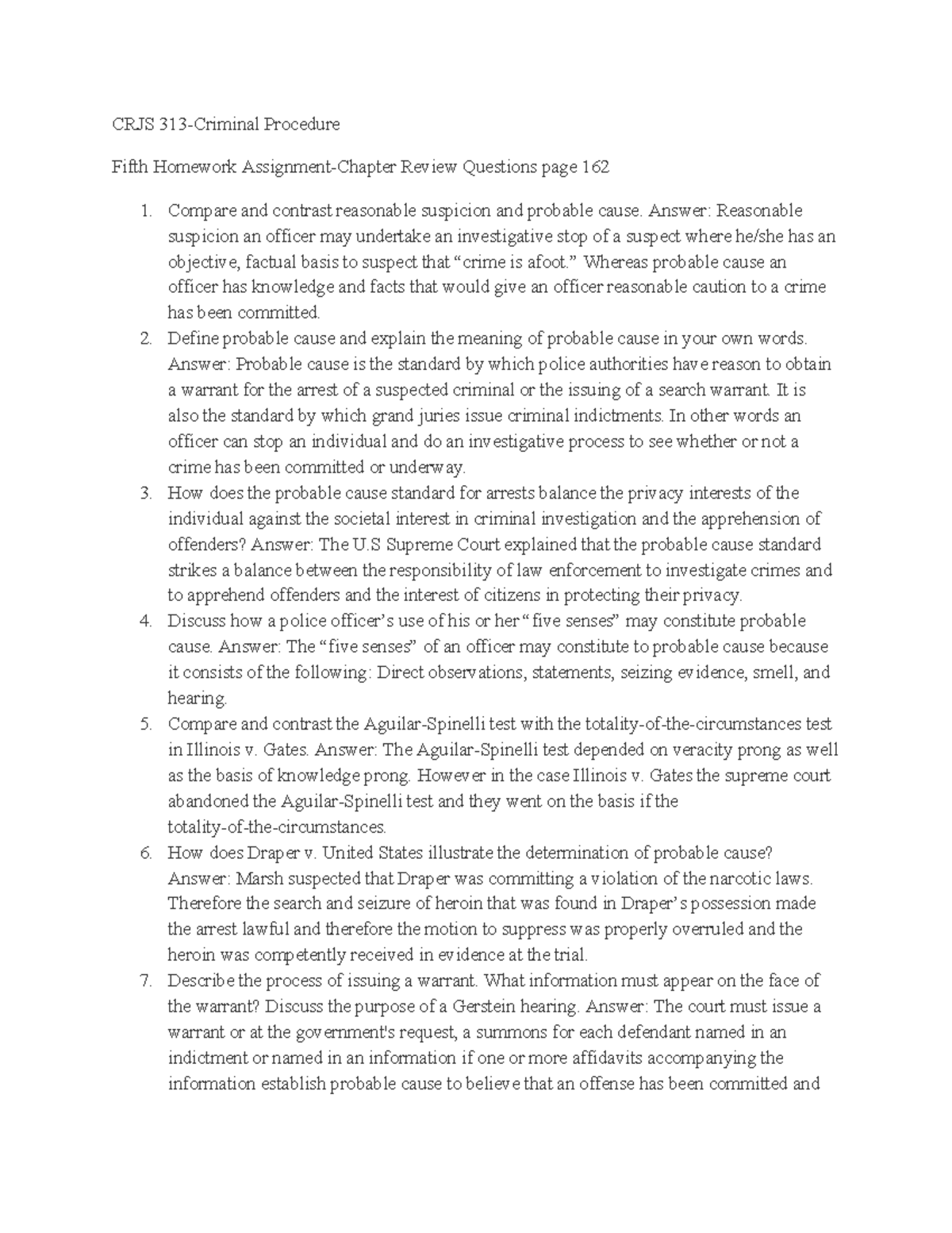 CRJS 313-Criminal Procedure HW 5 - CRJS 313-Criminal Procedure Fifth ...