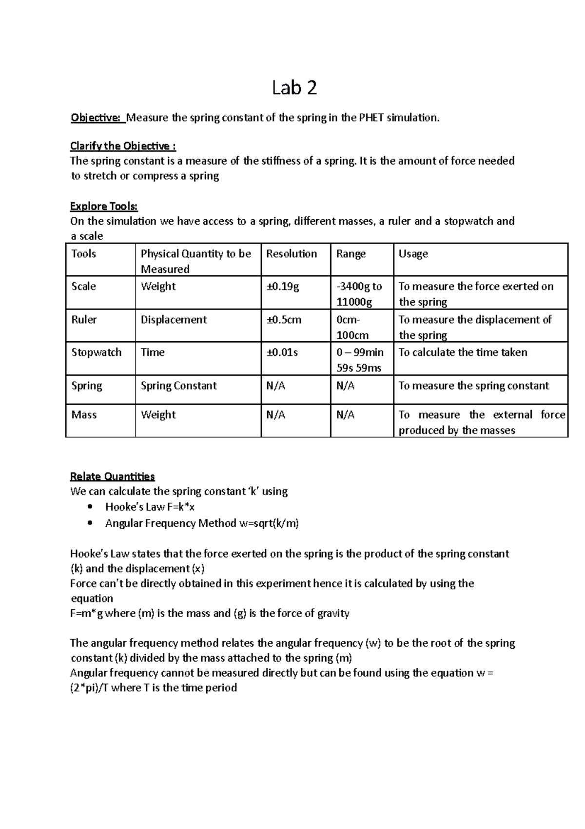 Lab 2 PHYS 159 CERT Measurement Uncertainties to measure the spring constant and use MATLAB and ...