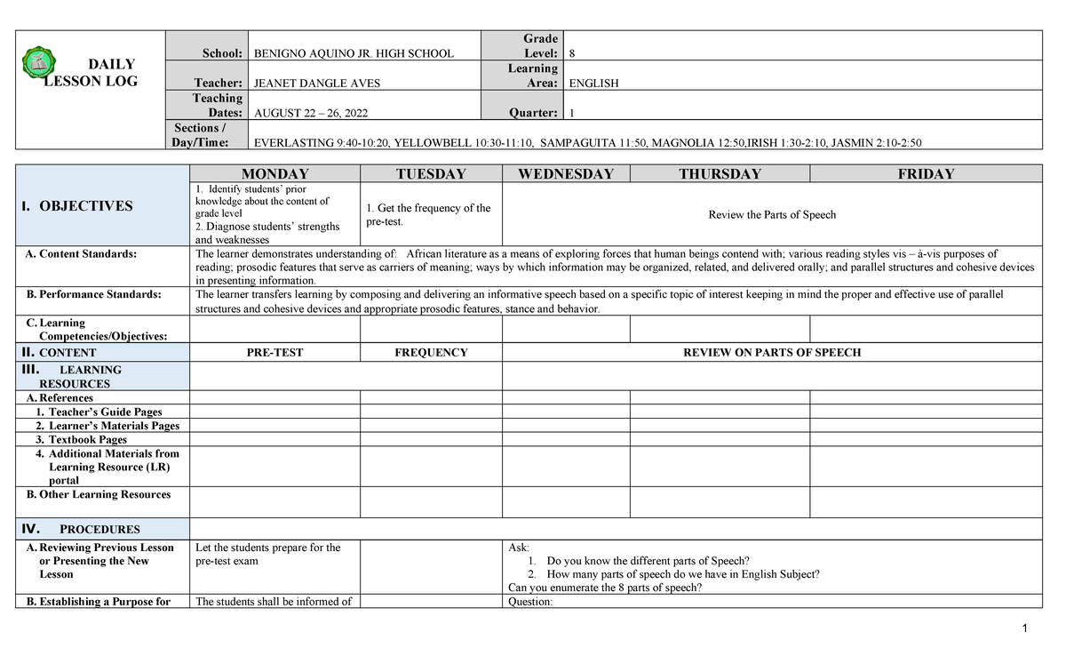 Q1 DLL-grade-8- 2022-2023 - DAILY LESSON LOG School: BENIGNO AQUINO JR ...