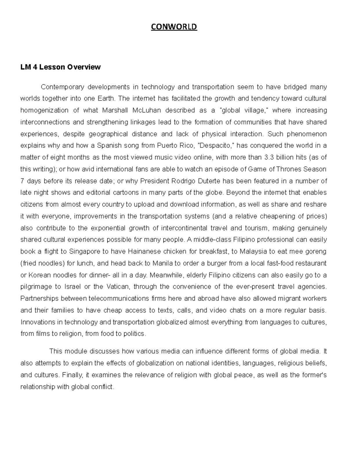 Conworld- Midterm- Notes - CONWORLD LM 4 Lesson Overview Contemporary ...
