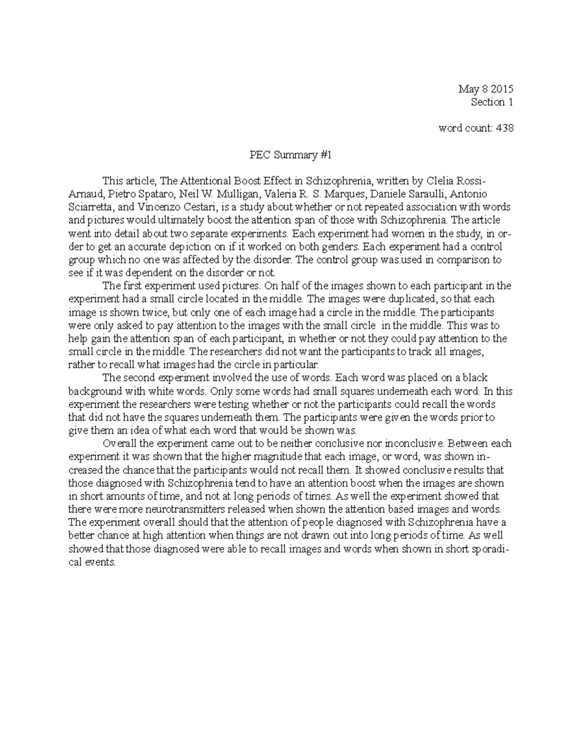 PEC Summary #1 - May 8 2015 Section 1 word count: 438 PEC Summary This ...