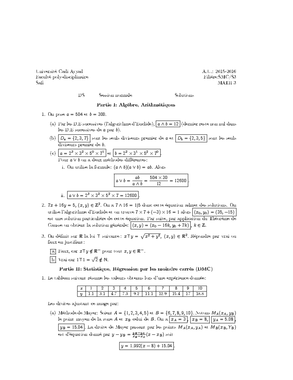 Examen SMC Math3 S3 - MATHEMATIQUES POUR LA CHIMIE - ♥ rs té ②② té ...
