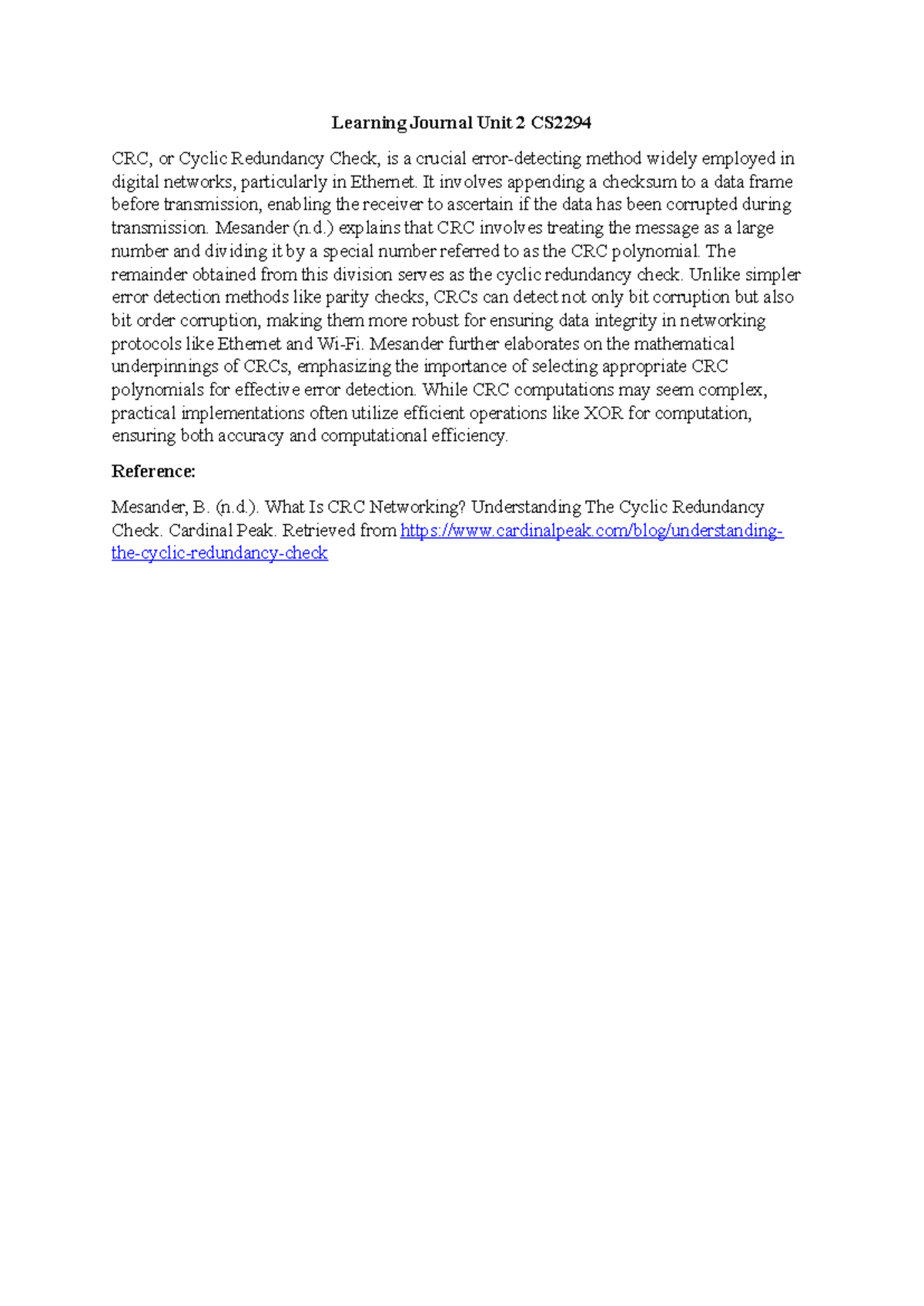 Learning Journal Unit 2 CS2294 - Learning Journal Unit 2 CS CRC, or ...