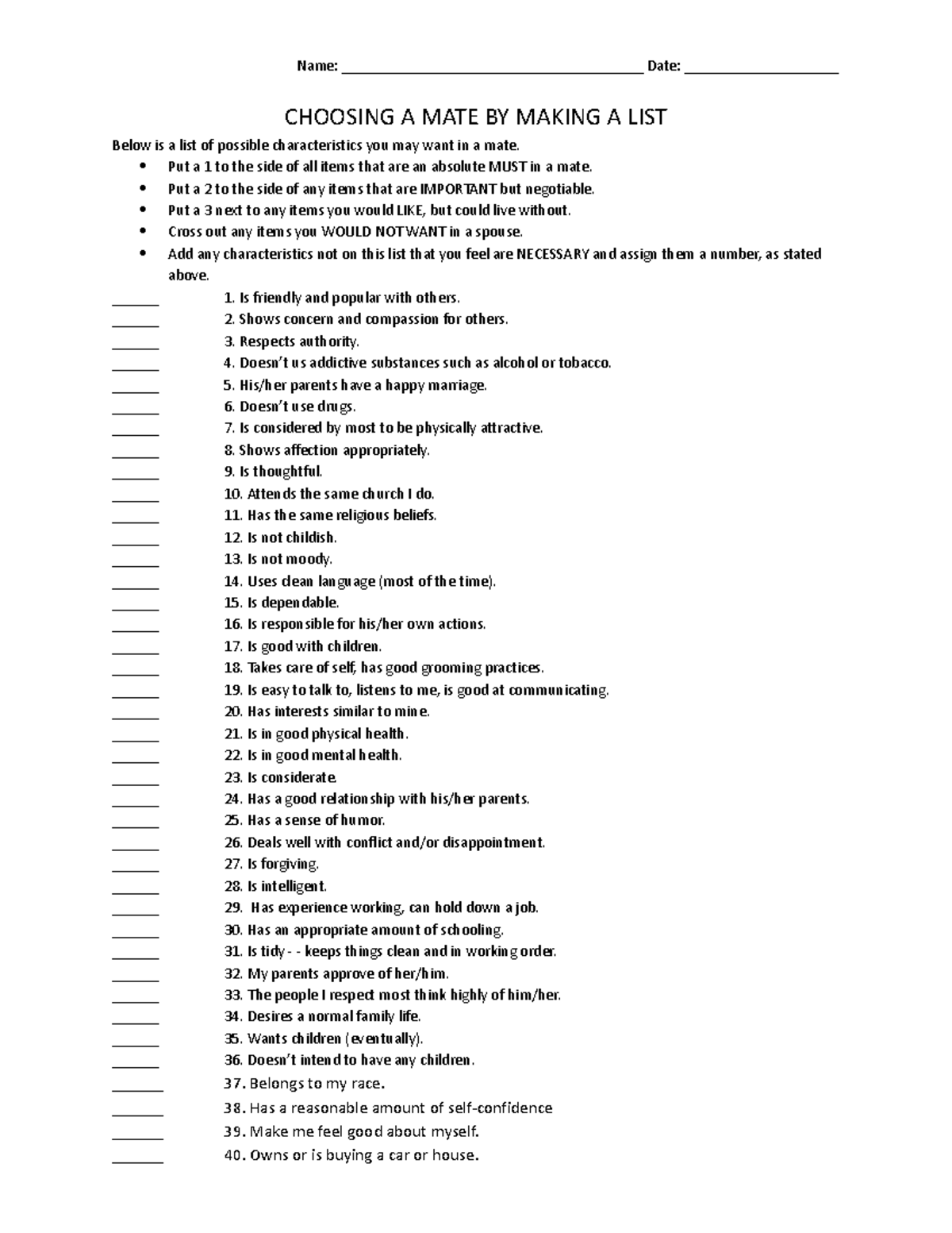 Choosing a mate by making a list - Name ...