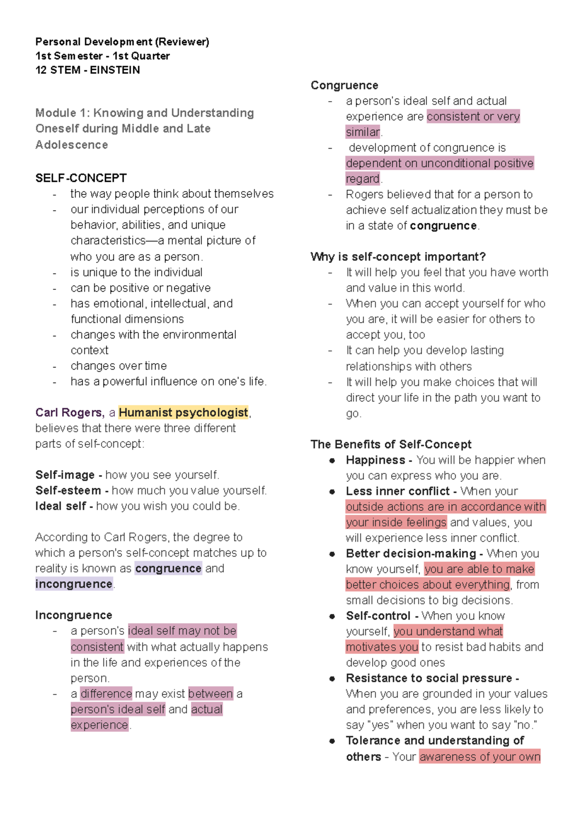 PER DEV Reviewer - Per dev 1st sem - 1st Semester - 1st Quarter 12 STEM - EINSTEIN Module 1 ...