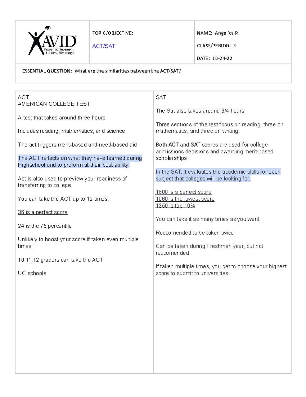 SAT and ACT notes - Differences between ACT's and SAT's - TOPIC ...