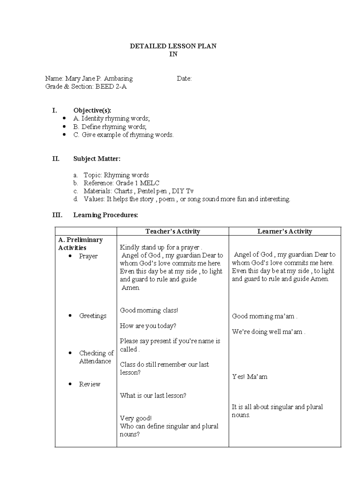 Detailed Lesson PLAN templates 2 - DETAILED LESSON PLAN IN Name: Mary ...