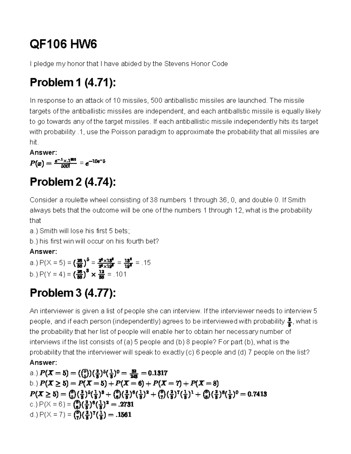 QF106 HW6 - QF106 HW I pledge my honor that I have abided by the ...