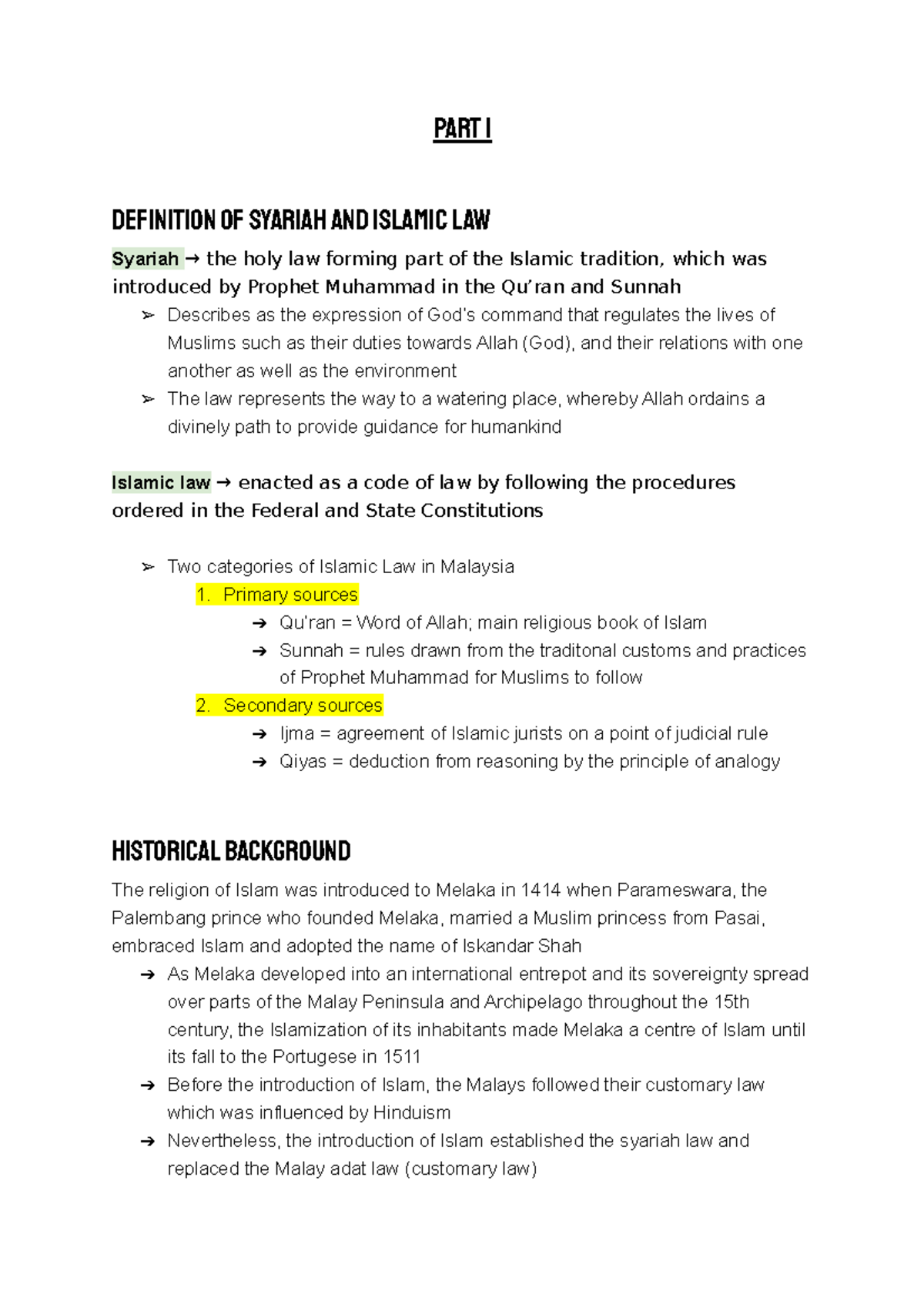Chapter 2 Islamic Law - hope it helps! - PART 1 DEFINITION OF SYARIAH ...