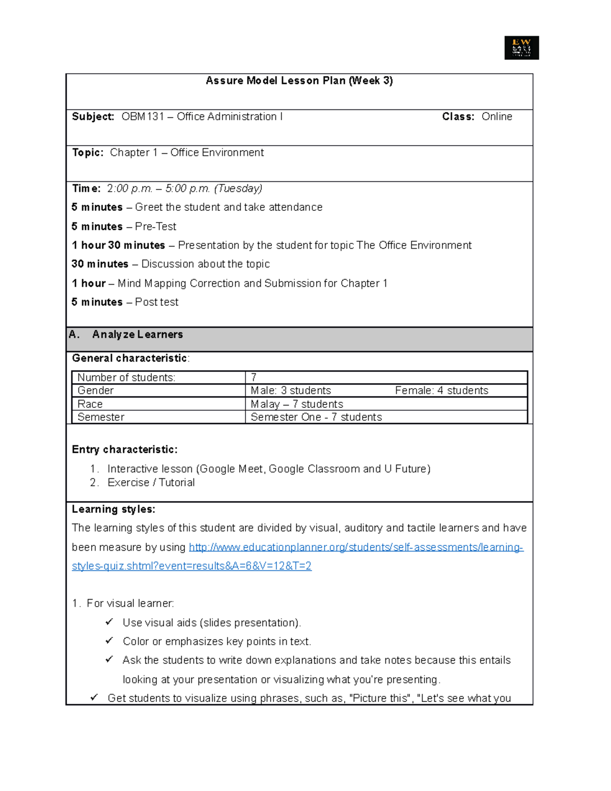OBM131 - Lesson PLAN WEEK 3 - Assure Model Lesson Plan (Week 3) Subject ...