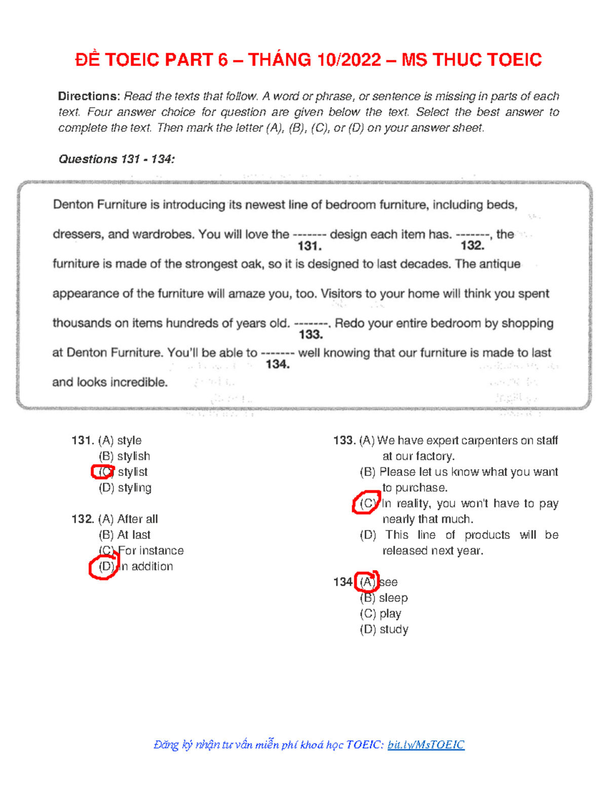 ĐỀ Toeic PART 6 - Tháng 10 - ĐỀ TOEIC PART 6 – THÁNG 10/2022 – MS THUC TOEIC Directions: Read ...