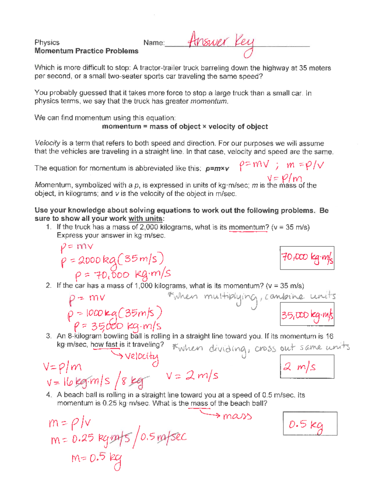 Momentum practice problems Answer KEY - Studocu
