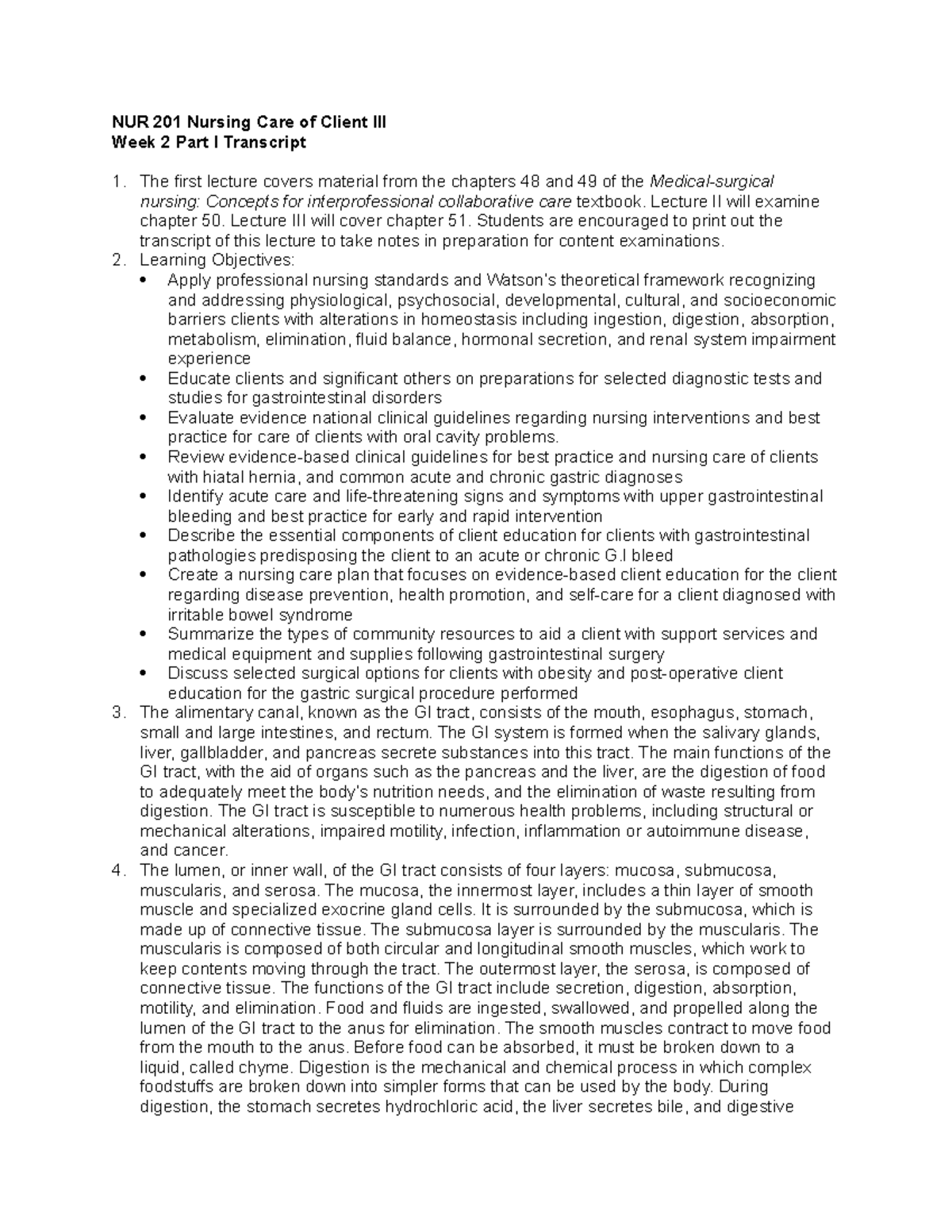 NUR 201 Nursing Care of Client III Week 2 Part I Transcript - Lecture ...
