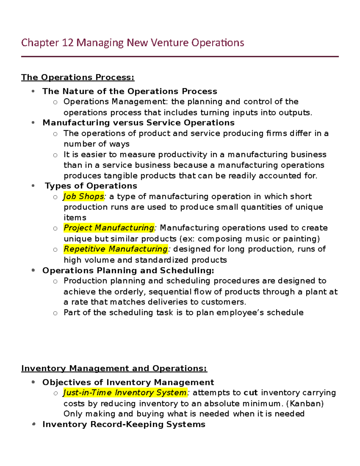 Chapter 12 Notes - Summary New Venture and Small business management ...
