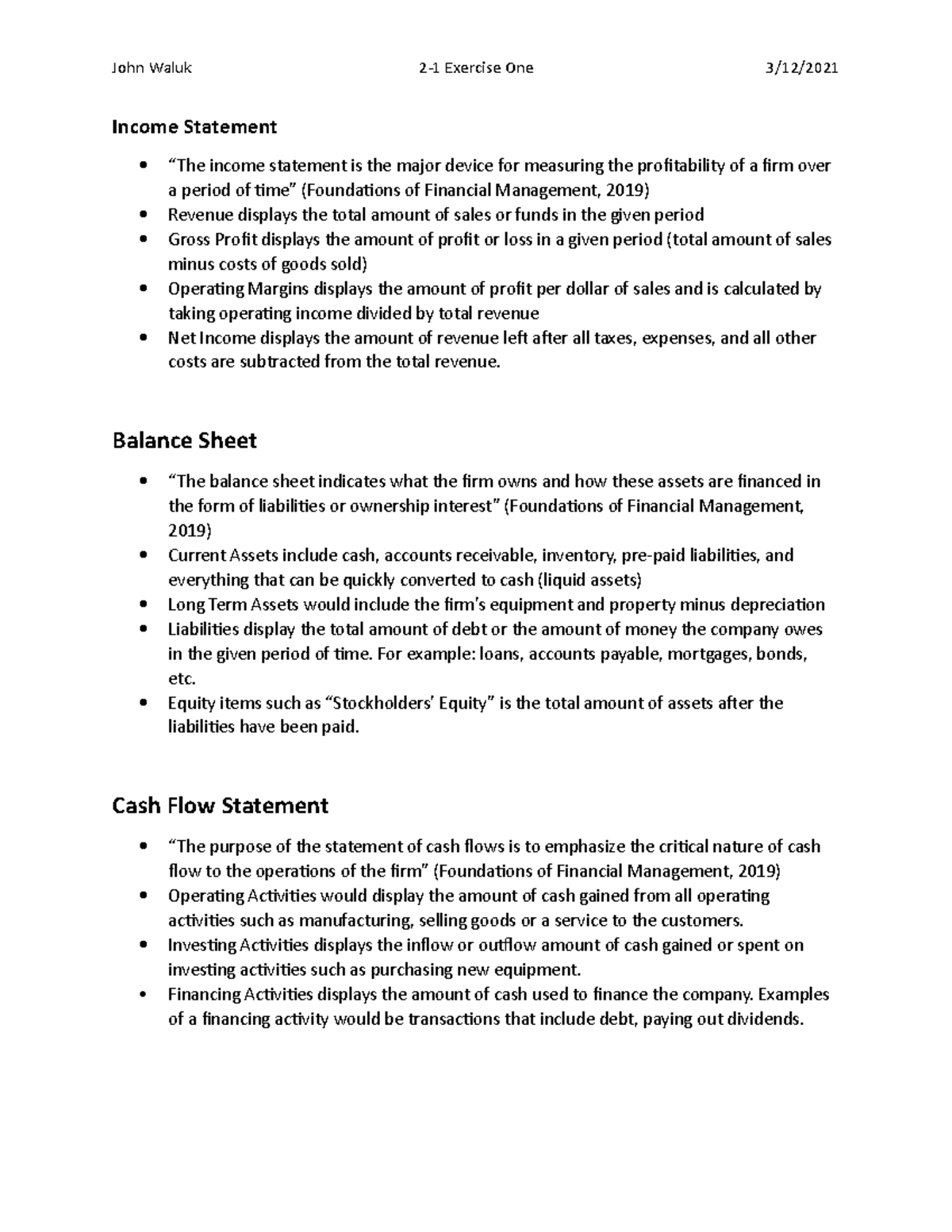 2-1 Exercise One - John Waluk Exercise One Income Statement income ...