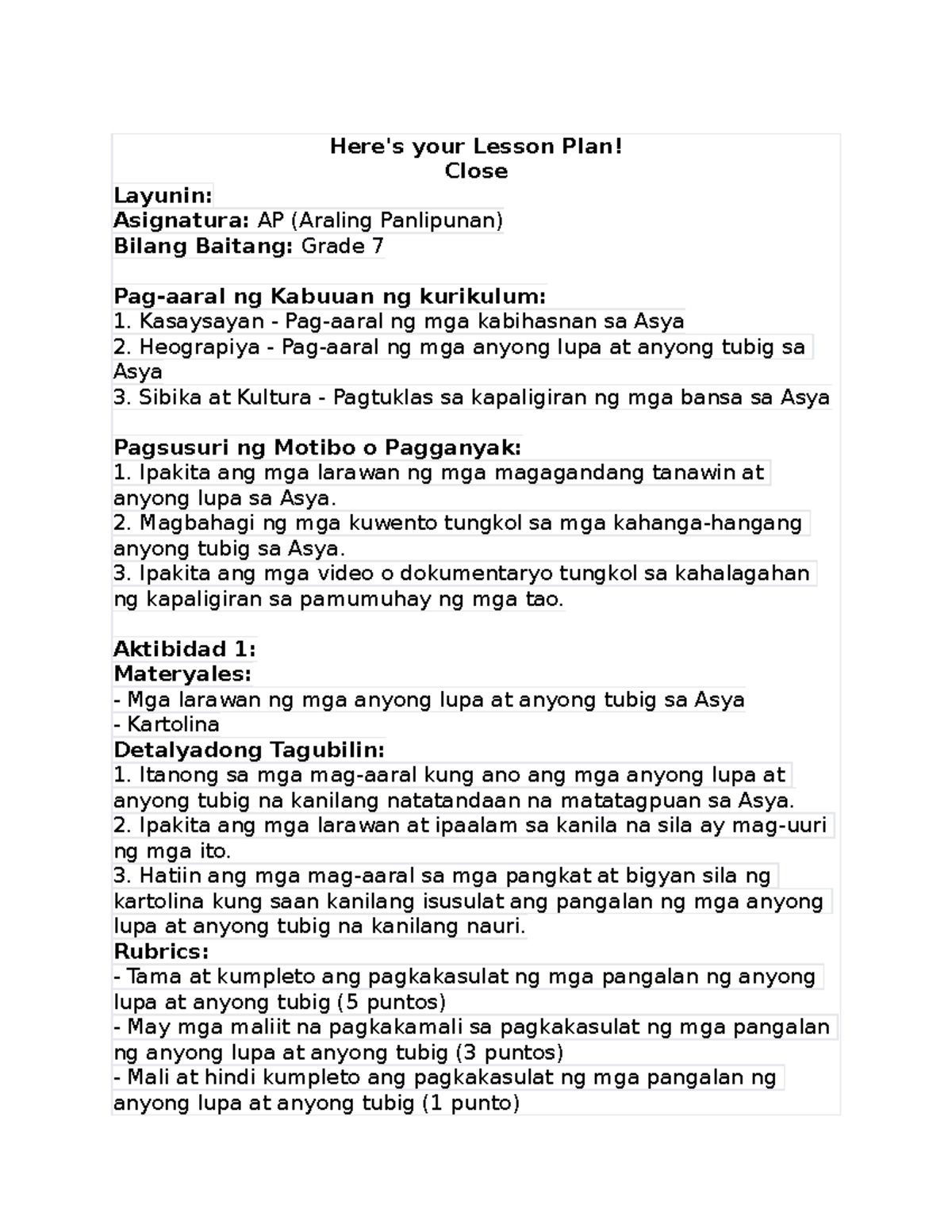 Lesson-planner 1 - SAMPLE ACTIVITIES CAN BE USE IN TEACHING AP 7 - Here ...