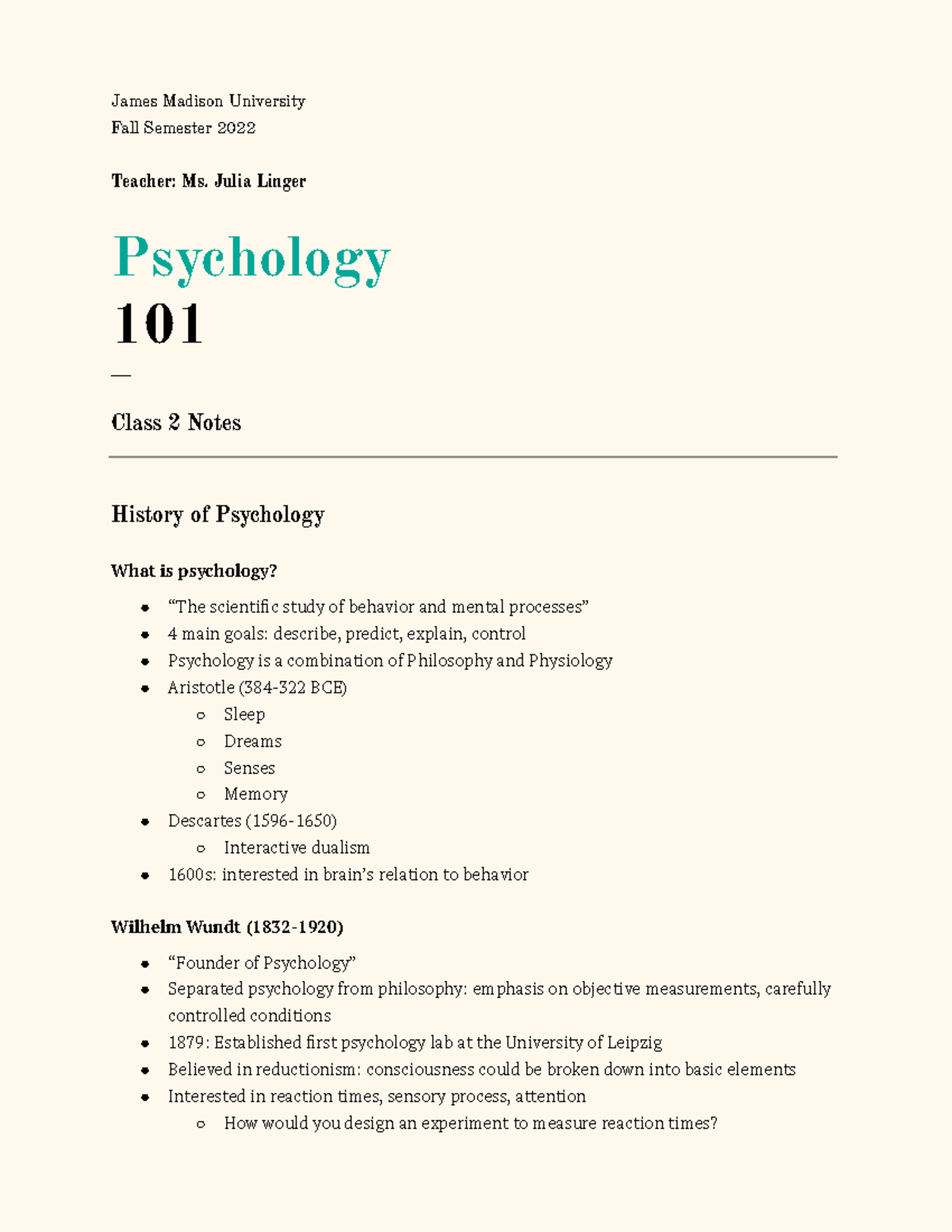 Class 2 Notes - James Madison University Fall Semester 2022 Teacher: Ms ...