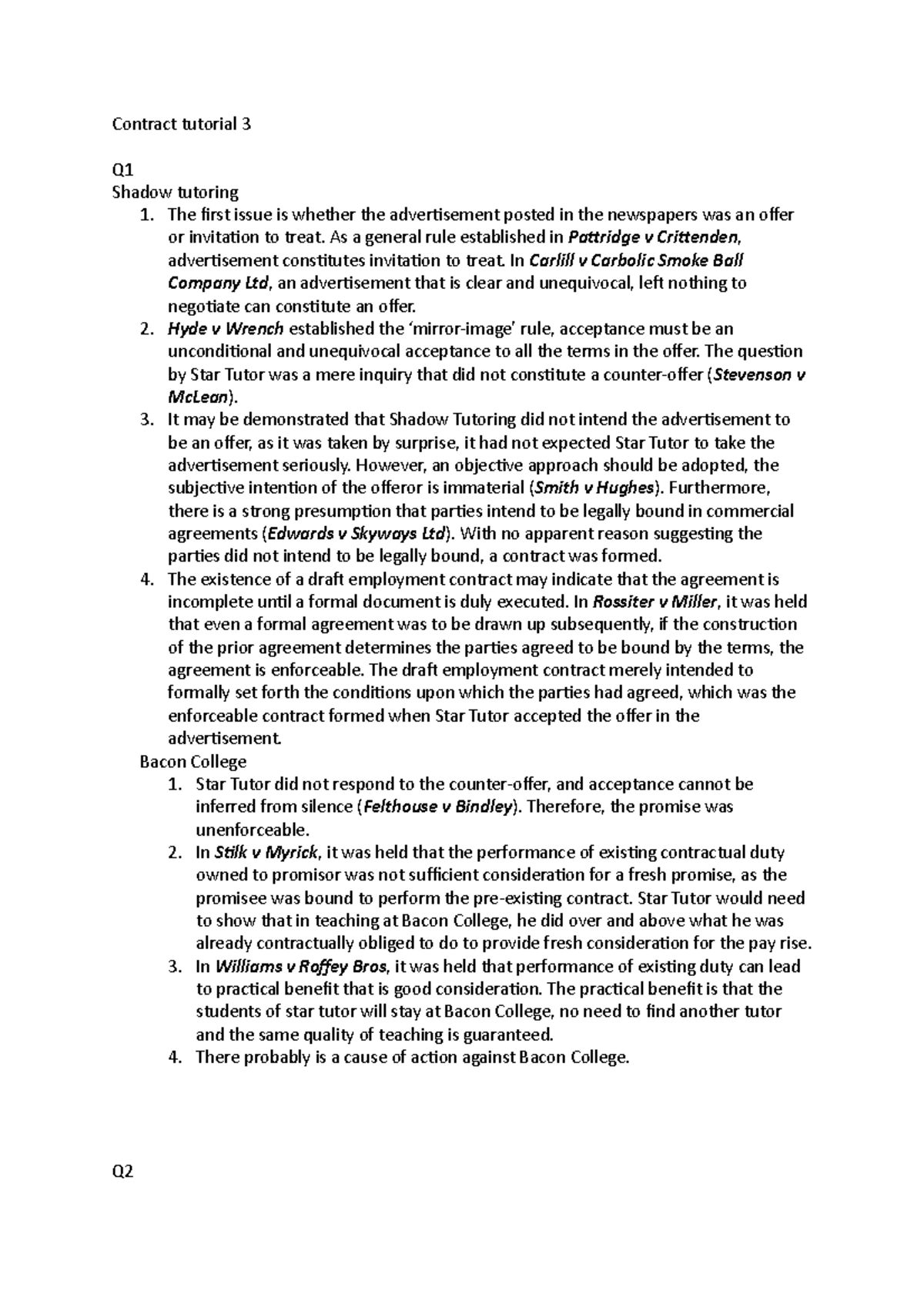Contract tutorial 3 consideration - Contract tutorial 3 Q1 Shadow tutoring 1. The first issue is ...