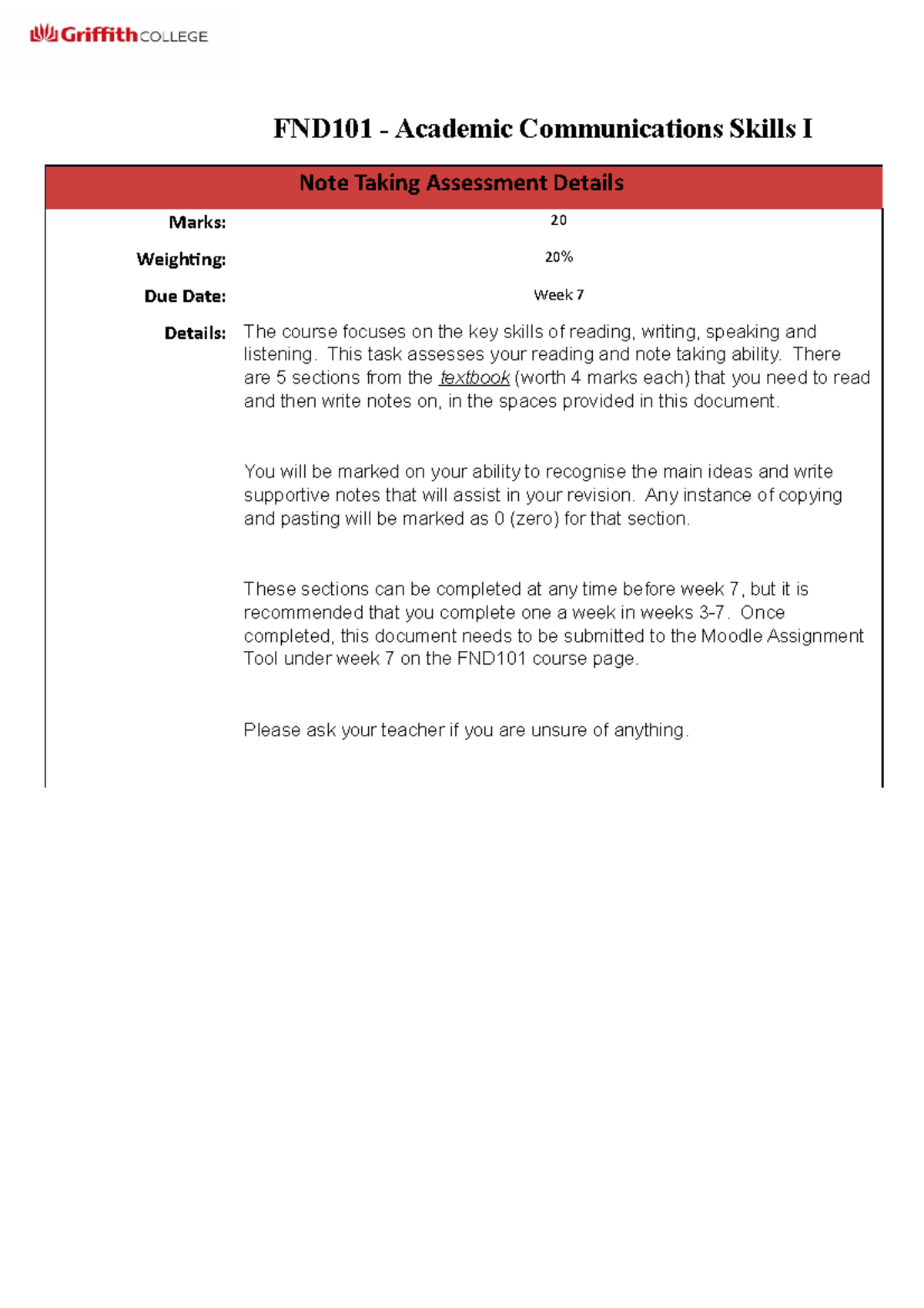Note Taking Assessment - This task assesses your reading and note ...