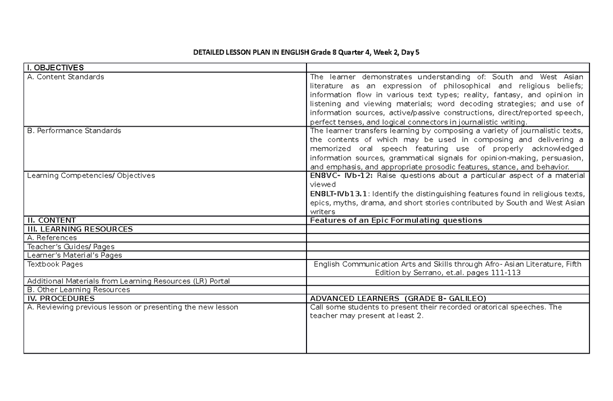 COT DLP 3 - ddd - DETAILED LESSON PLAN IN ENGLISH Grade 8 Quarter 4 ...