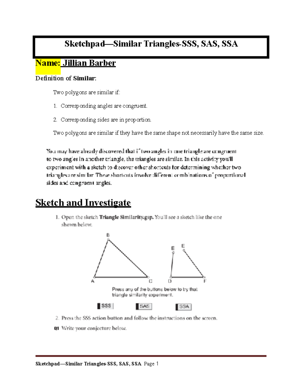 Math251-T2S4 Sketchpad Topic 3 Similar Triangles-SSS, SAS, SSA 2 - SAS ...