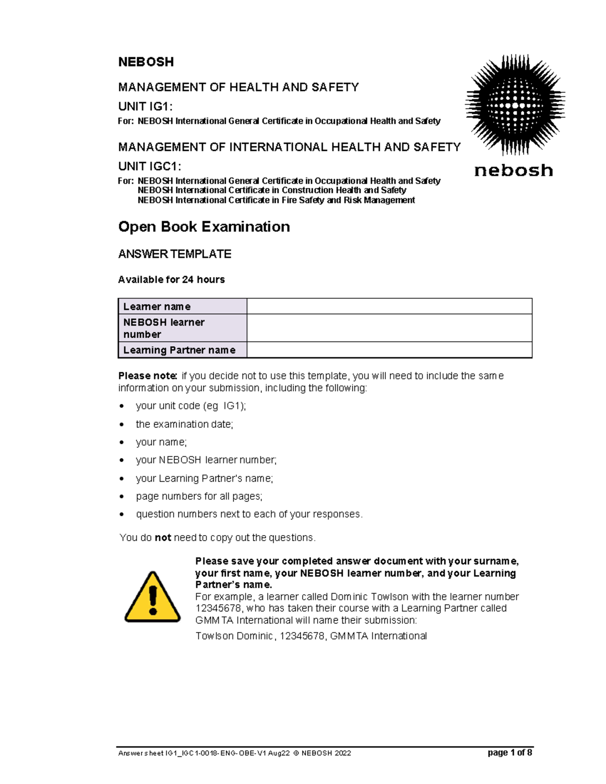 Nebosh Paper September 2022 - Open Book Examination ANSWER TEMPLATE ...