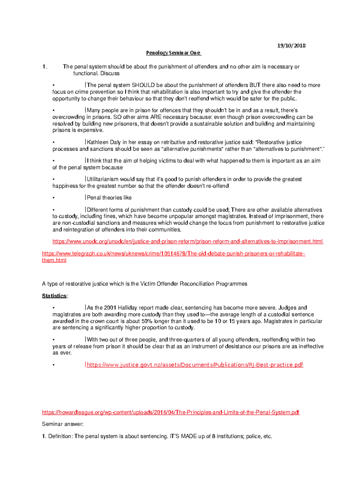Penology Seminar 1 - Notes from Tutorial 1 - 19/10/ Penology Seminar ...