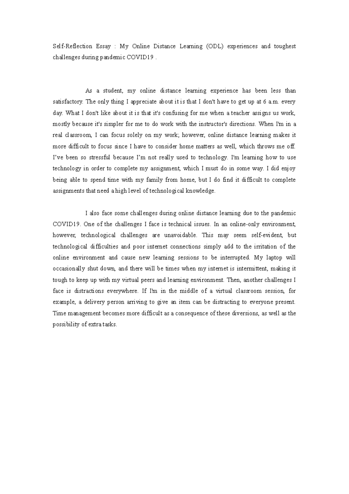 ODL Experience - ... - Self-Reflection Essay : My Online Distance ...