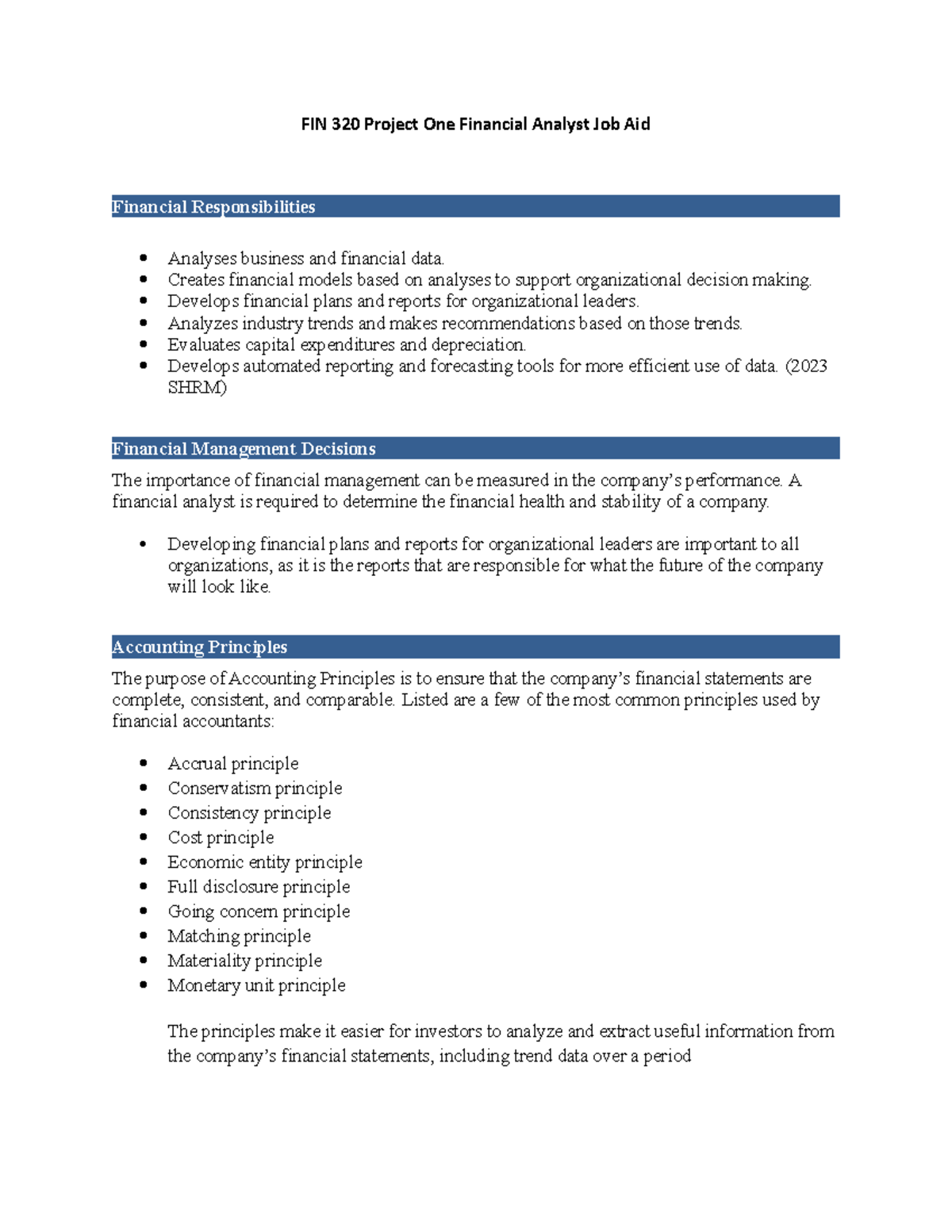 FIN 320 Project One Financial Analyst Job Aid WK 3 - FIN 320 Project ...