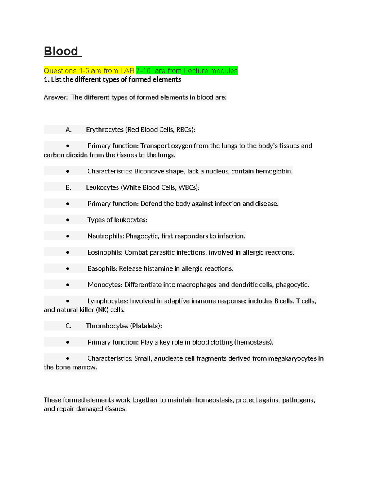 Blood Review - Blood Questions 1-5 are from LAB 7-10 are from Lecture ...