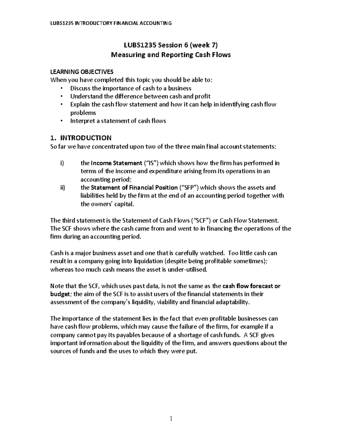 6 Lecture Notes 1235 Lubs1235 Session 6 Week 7 Measuring And Reporting Cash Flows Learning